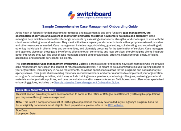 Sample Comprehensive Case Management Onboarding Guide - Switchboard